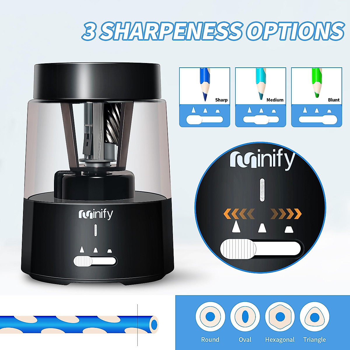 Minify Pencil Sharpener Electric Pencil Sharpener Heavy Duty Blade Rechargeable Battery Powered Pencil Sharpeners for 6-8mm Colored Pencils Auto Stop Fast Sharpen in 3s (Black)