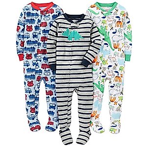 Simple Joys by Carter's Baby Boys' Snug-Fit Footed Cotton Pajamas, Pack of 3, Dinosaur/Firetruck/Animal, 12 Months