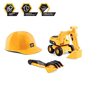 CAT Construction Toys, Excavator Sand Set Outdoor Toys - 10” CAT Toy Dumps Truck & Loader, Hard Hat, Shovel, Rake - Pretend Play, Ages 2+