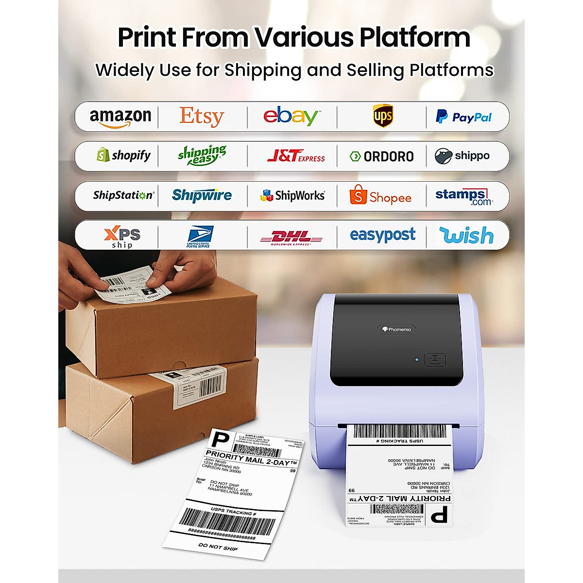 Phomemo Bluetooth Thermal Label Printer 4X6 - D520BT Wireless Shipping Label Printer Build-in Holder, Thermal Label Maker for Return Shipping Package, Compatible with Amazon, USPS, Shopify, Ebay