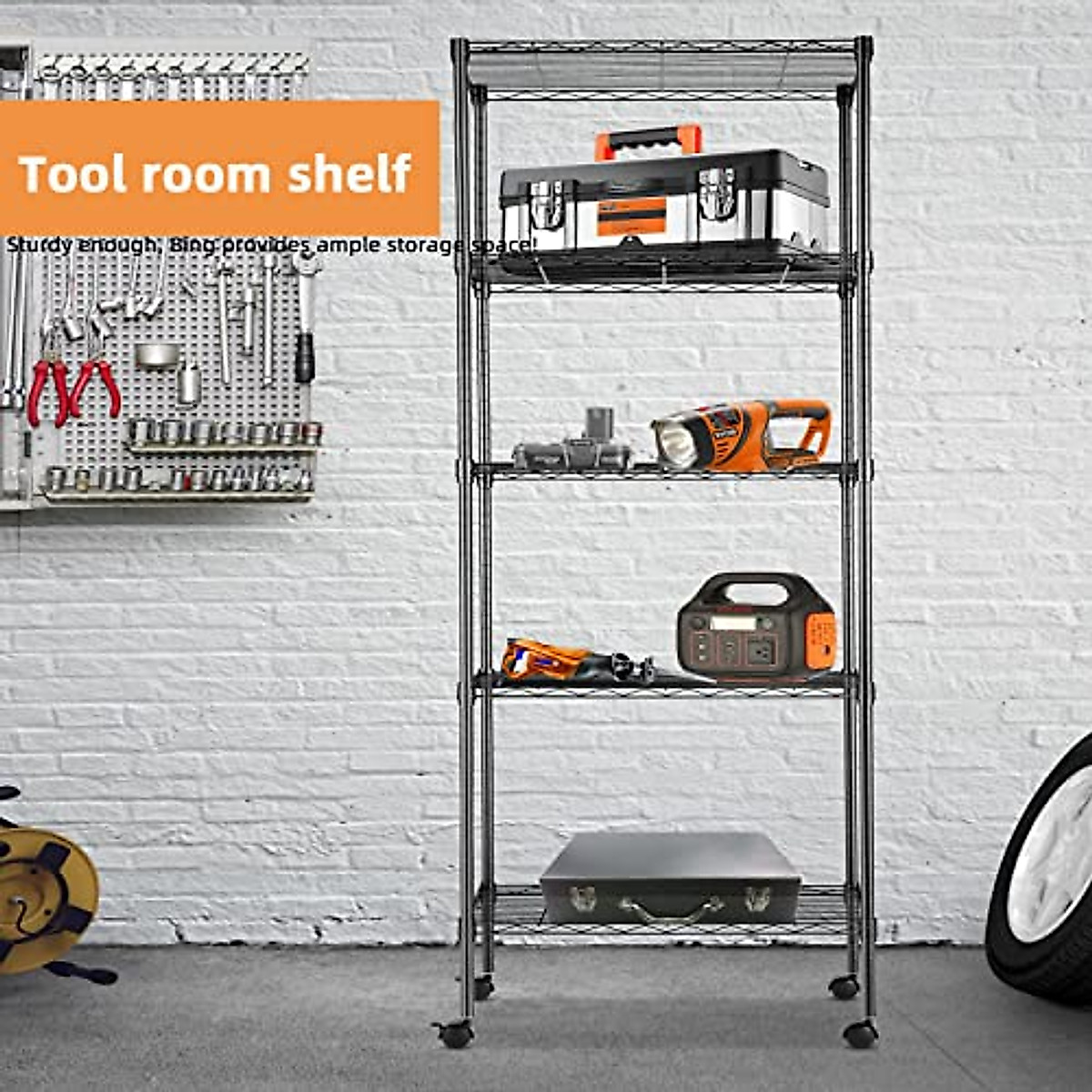 Storage Shelves (Black, 5-Shelf) 5-LAYER FAMILY SHELF, VERTICAL free combination shelf, kitchen, bedroom, garage, study, storage room, with wheels layer shelf, simple American heavy shelf.