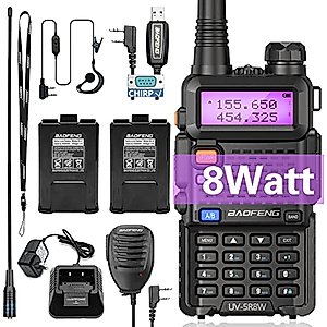 Baofeng UV-5R Radio Dual Band Ham Radios Handheld 8W High Power Two Way Radio with Double Battery Extra Programming Cable AR-771 Antenna Speaker Mic Full Kit Rechargeable Long Range Walkie Talkies