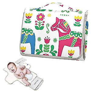 Swedish Folk Horse Portable Baby Changing Pad Travel Diaper Changing Pad Foldable Waterproof Changing Mat Station with Built-in Pillow for Newborn Essentials Gifts