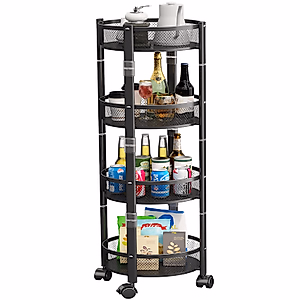 Collapsible Rolling Cart, 4-Tier Metal Storage Utility Cart for Kitchen Home Office Outdoor, Black