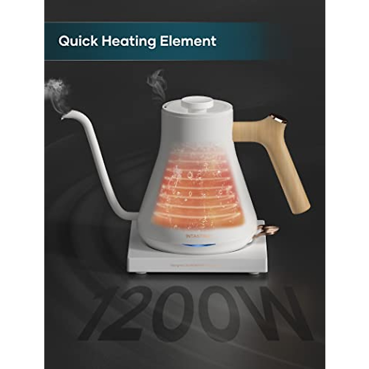 INTASTING Electric Gooseneck Kettle 0.65mm Ultra-Fine Spout, Precise Water Flow Control, 304 Stainless Steel Inner, 0.9L, Auto Shut-Off, Boil Dry Protection, White
