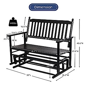 LUCKYERMORE Patio Glider Swing Bench 2-Person Garden Rocking Seating for Outdoor, Wooden Porch Loveseat Chair for Outside, Backyard, Poolside, Garden, Black