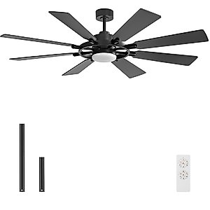 ELEHINSER 60" Ceiling Fan with Lights and Remote Control, Wood 8 Blades 6-Speed Noiseless Reversible DC Motor, Modern Windmill Ceiling fan for Kitchen Bedroom Dining Living Room, Black