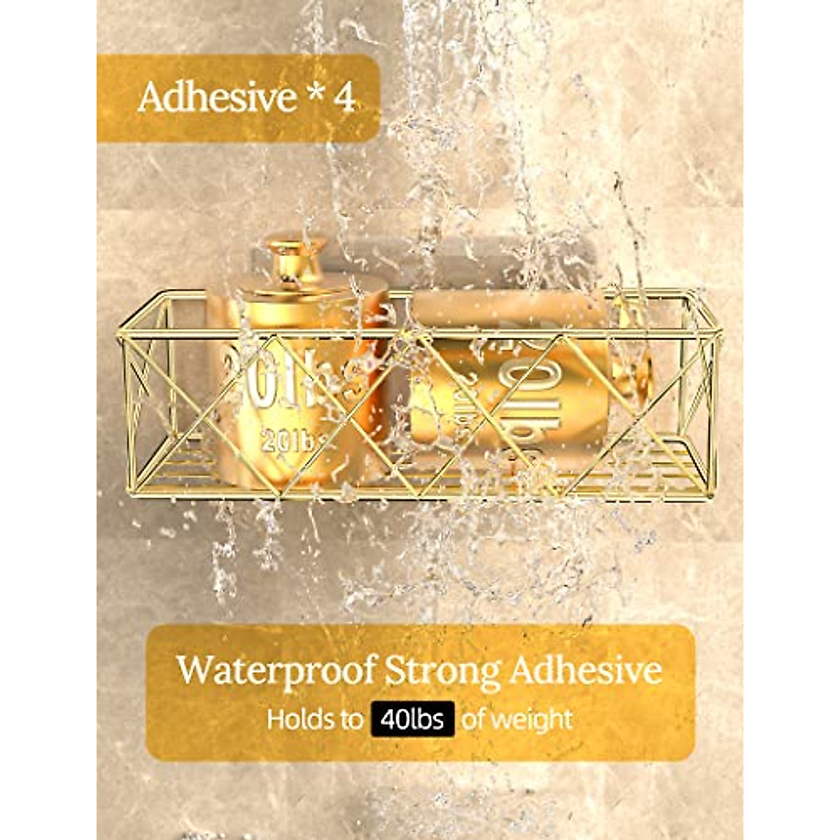 Iperlife Shower Caddy Gold, 2 Pack Shower Shelves Strong Adhesive Bathroom Shower Organizer with Hooks No Drilling Wall-Mounted Shower Shelf for Inside Shower