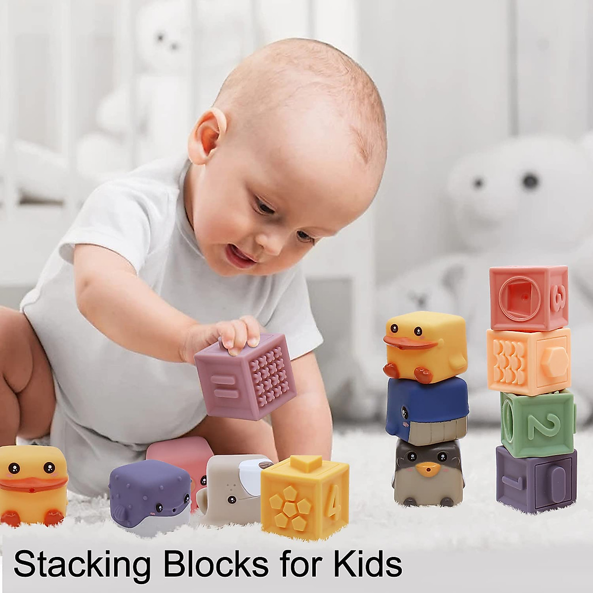 MARUMINE 12PCS Baby Soft Stacking Blocks Squeeze Teething Toys, Educational Montessori Sensory Toy for 6-12 Months Babies