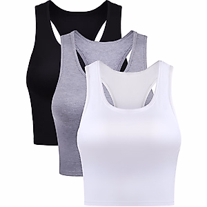 3-Piece Women's Crop Top Set, Workout Sleeveless Racerback Tanks - Black, White, Grey (X-Large)