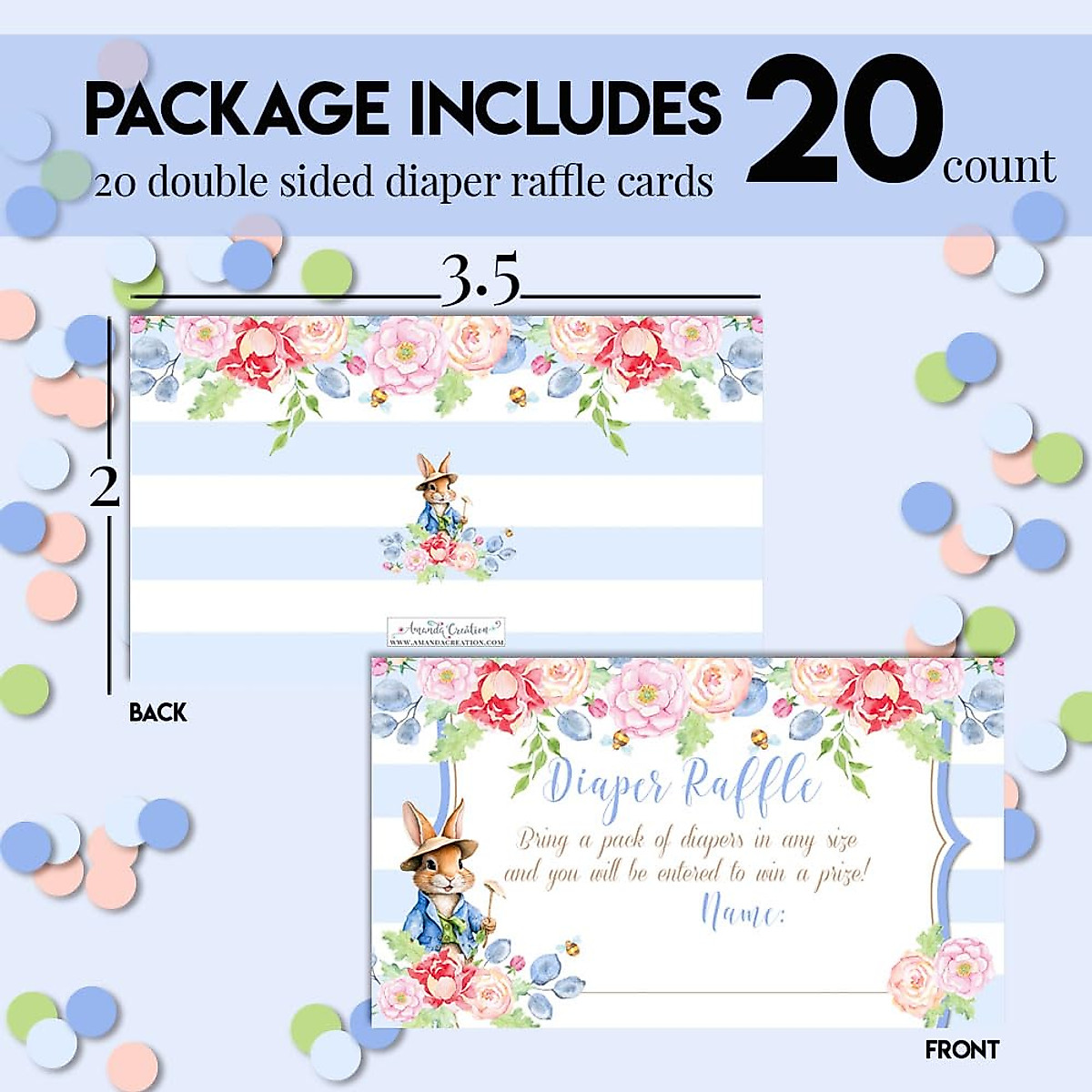 Little Rabbit Floral Themed Diaper Raffle Tickets for Boy Baby Showers, 20 2" X 3” Double Sided Insert Cards for Games by AmandaCreation, Bring a Pack of Diapers to Win Favors & Prizes!