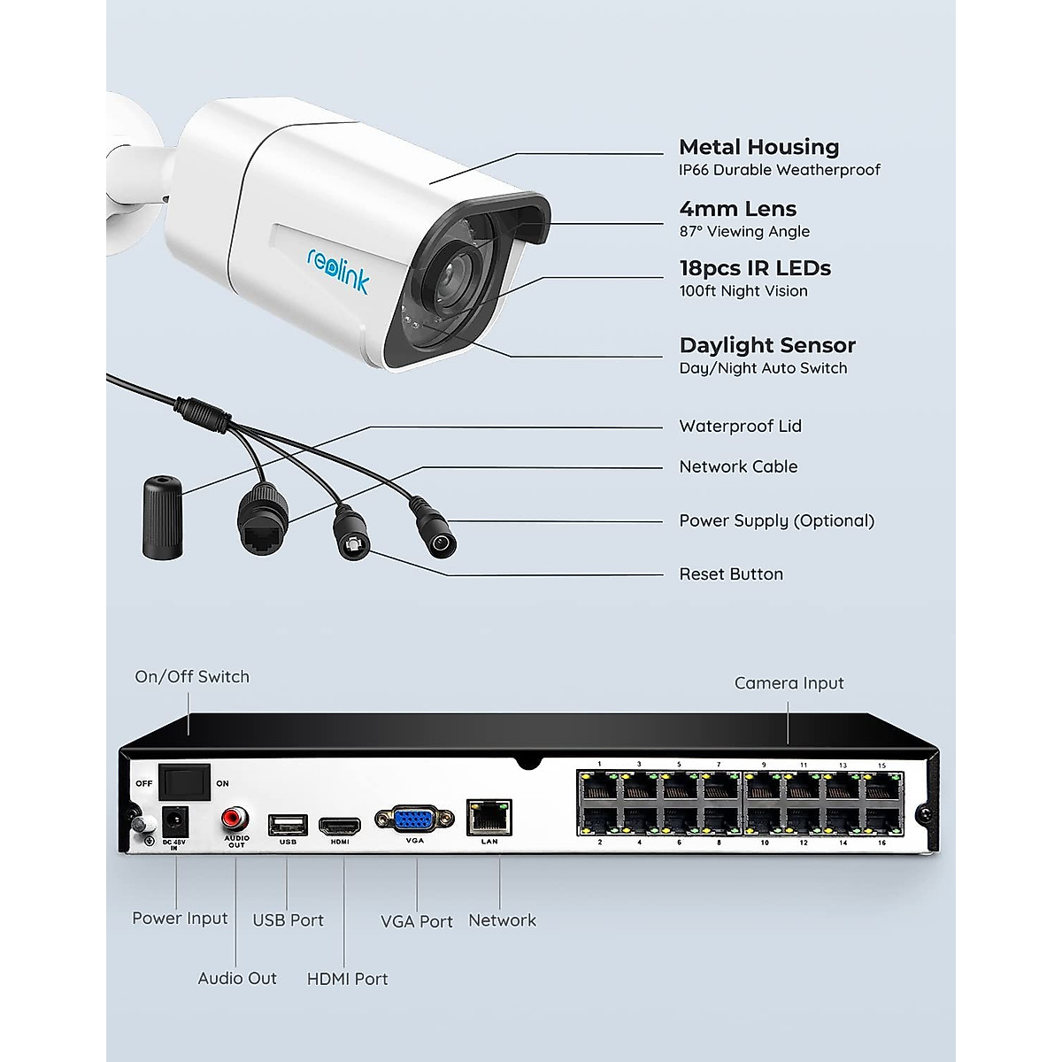 Reolink PoE Commercial Security Camera System Business Bundle, 16 Channel 16 Camera 8MP Smart Person/Vehicle Detection, a 16CH NVR Pre-Installed with 4TB HDD(Include 8 x 18M Cat5 Cable)