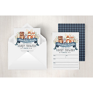 Blue Woodland Baby Shower Invitations, Forest Animal Baby Shower Invitations for Boy, Adventure Awaits Lumberjack with Bear, Moose, Raccoon, Deer, Baby Sprinkle, 20 Fill in Invitations and Envelopes