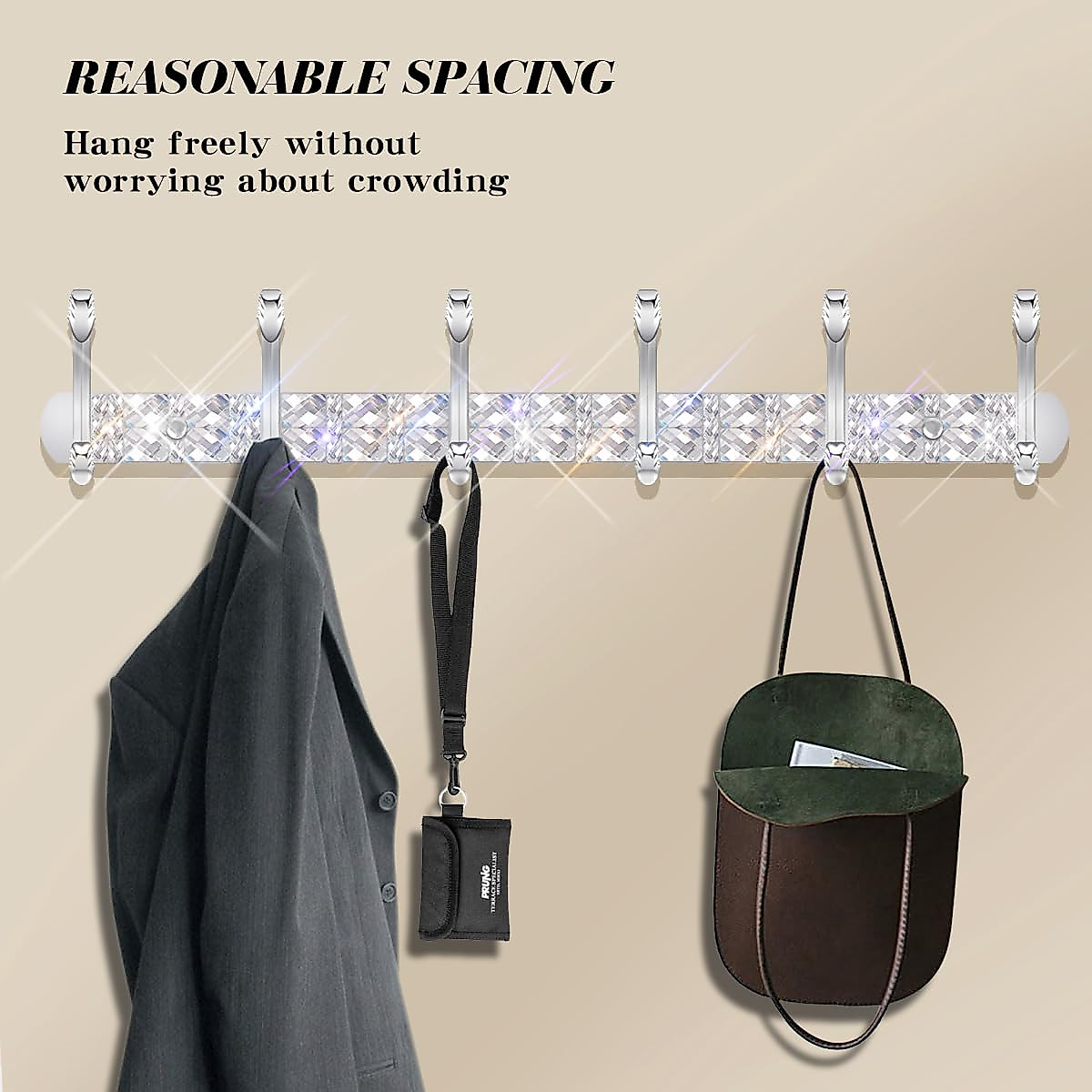 GUFONKOD Bling Coat Rack Wall Mount, Sparkle Silver Gem Diamond Wall Mounted Suitable for Key Hat Towel Purse Robes, Glitter Hooks Decorative Rack for for Entryway, Bedroom, Bathroom (6 Hooks)