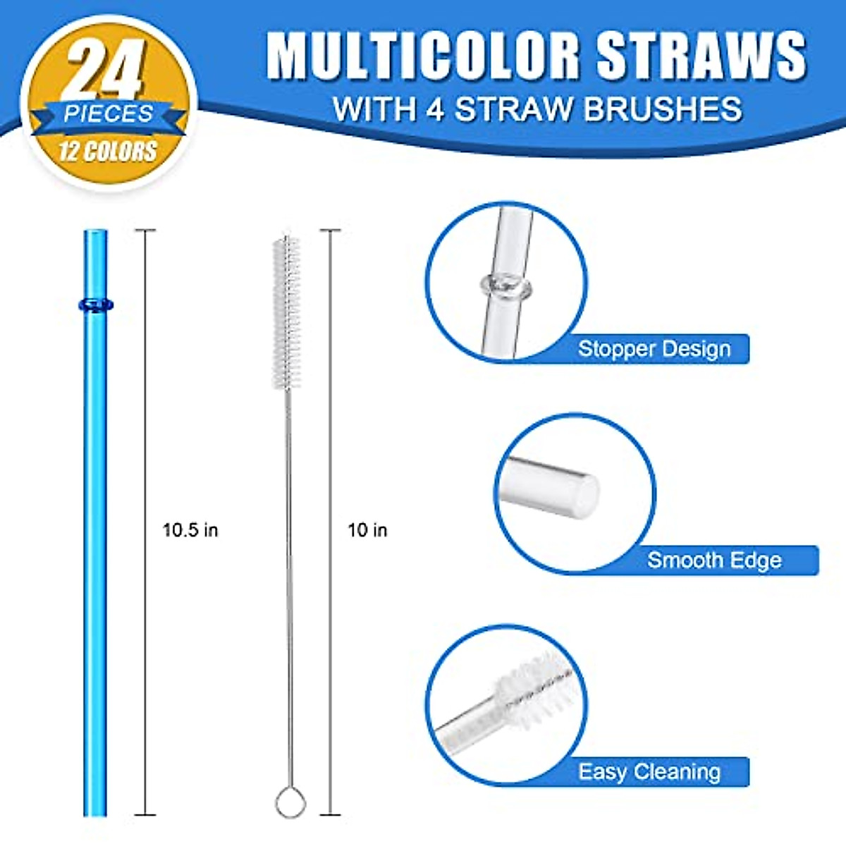 24 PCS, Reusable Straws with 4 Cleaning Brushes, 10.5" Long Tritan Hard Plastic Straws, 12 Colors Translucent Replacement Drinking Straws for 16OZ-32 OZ Tumblers, Cups, Jars, YETI, Starbucks, BPA Free