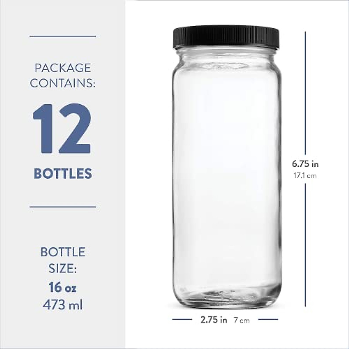 Travel Glass Drinking Bottle Mason Jar 16 Ounce [12-Pack] Plastic Airtight Lids, Reusable Glass Water Bottle for Juicing, Smoothies, Kombucha, Tea, Milk Bottles, Homemade Beverages Bottle,