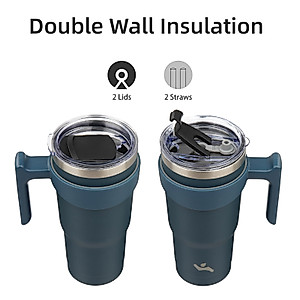 Konokyo 20 oz Tumbler with Handle and 2 Straw 2 Lid, Insulated Water Bottle Stainless Steel Vacuum Cup Reusable Travel Mug, Navy Blue