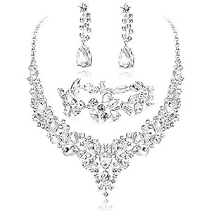 LOYALLOOK Crystal Bridal Jewelry Set for Women Rhinestone Necklace Earrings Bracelet Wedding Bridesmaid Gifts fit with Wedding Dress