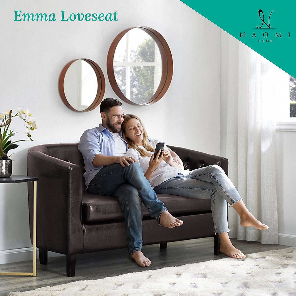 Naomi Home Barrel Love Seat, Button Tufted Faux Leather Loveseat Sofas, Faux Leather couches, Small Loveseats for Small Spaces, Bedrooms, Love Seat Couches for Living Room - Espresso