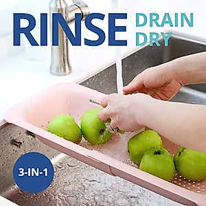 BLUE GINKGO Over the Sink Colander Strainer Basket - Wash Vegetables and Fruits, Drain Cooked Pasta and Dry Dishes - Extendable - New Home Kitchen Essentials (7.9 W x 14.5-19.5 L x 2.75 H) (Pink)