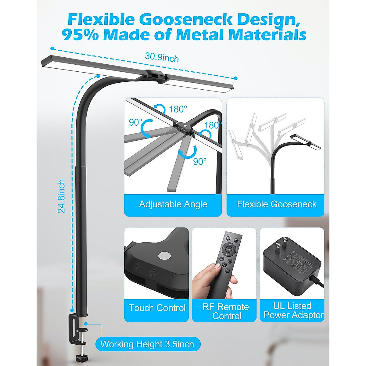 KPBOTL 24W Double Head Architect Desk Lamp for Home Office, Ultra Wide 30.9'' Eye-Caring Auto Dimming Desk Light with Adapter, Super Bright Table Lamp with Flexible Gooseneck,5 Colors,10 Brightness