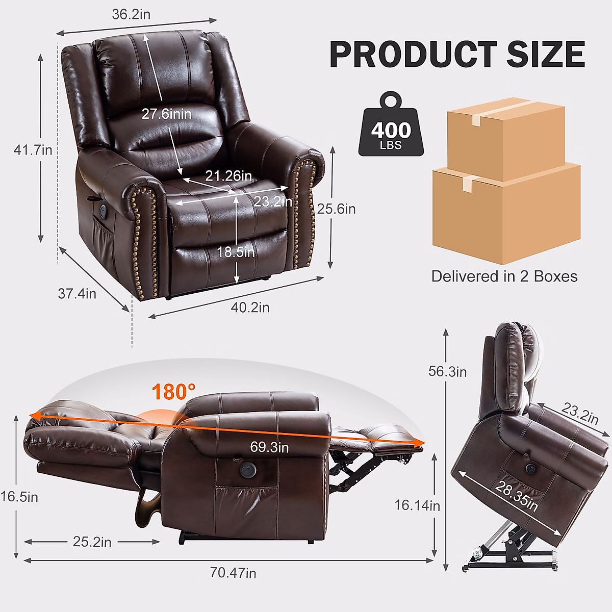 CDCASA Dual Motor Lay Flat Lift Chairs Recliners for Elderly with Massage and Heat, Breathable Leather Infinite Position Large Sleeping Electric Power Lift Chair Recliner for Seniors, Brown