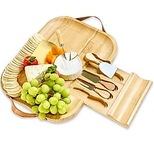 Bamboo Cheese Board And Knife Set - Wooden Charcuterie Tray with Leather Handles and Slide Out Drawer - Entertaining Essential for Wine and Cheese Lovers - Cheese Boards Charcuterie Boards