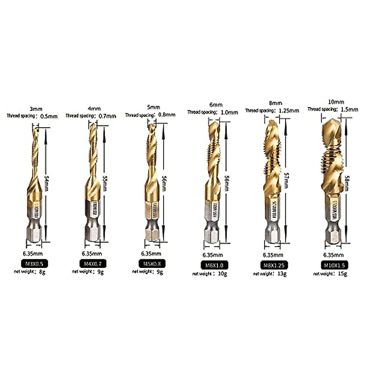 PERFACTOOL Combination Drill & Taps Bit Set, 1/4'' Hex Shank Spiral Countersink Drill Bits, for Metal, Plastic, Wood Drilling (6 Pack)