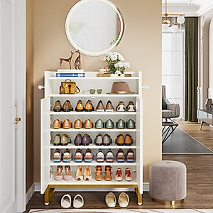 Tribesigns Shoe Cabinet 5-Tier Shoe Storage Cabinet with Open Shelves & Hooks, Freestanding Wooden Shoe Rack Storage Modern Shoe Organizer for Entryway, Hallway (White & Gold)