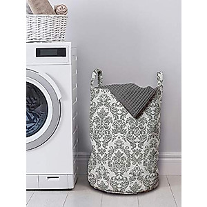 Lunarable Damask Laundry Bag, Baroque Style Leaf Blossoming Pattern Flowery Design Curves Ornamental Artwork, Hamper Basket with Handles Drawstring Closure for Laundromats, 13" x 19", Grey