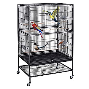 SUPER DEAL 52 Inch Rolling Bird Cage Large Wrought Iron Cage for Cockatiel Sun Conure Parakeet Finch Budgie Lovebird Canary Medium Pet House with Rolling Stand & Storage Shelf