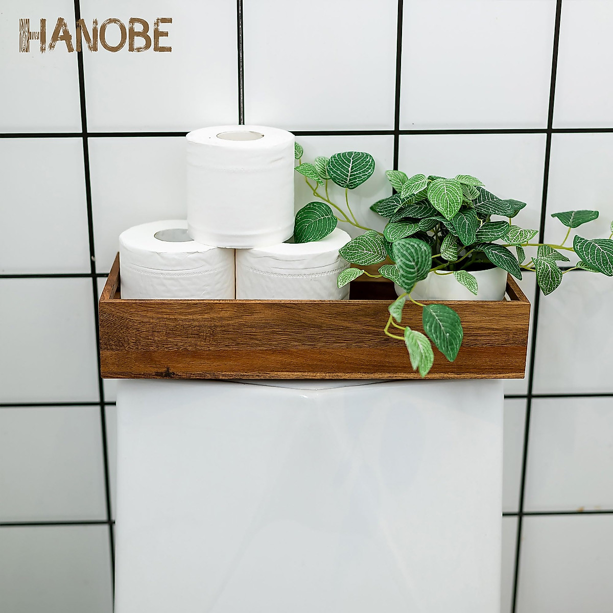 Toilet Tank Basket Wood Bathroom: Hanobe Set of 2 Wooden Toilet Paper Basket Topper with Vanity Tray Back of Toilet Organizer Acacia Toiletry Storage Holder Box