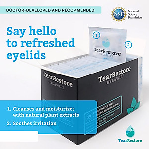 TearRestore Tea Tree HylaWipe Eyelid Wipes - 30 Count | Naturally Hydrating Cleanser | Blepharitis Treatment for Eyelids | Hypoallergenic Eye Wipes for Dry, Red, Itchy, Swollen and Irritated Eyes