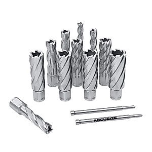 Accusize Industrial Tools 13 Pcs/Set 7/16'' to 1-1/16'' H.S.S. Annular Cutters, 2'' Cutting Depth with 2 Pilot Pins, N1