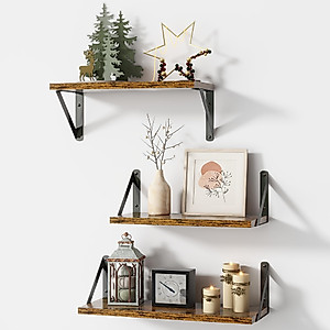 Fun Memories Floating Shelves Wall Mounted Set of 3, 16.5 Inch Natural Wood Wall Shelves, Decor Storage Shelf for Bedroom Bathroom Living Room Office Pictures Plants Books Cats TV (Rustic Brown)