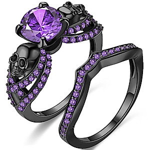 Gothic Black Skull Rings Red Purple Crystal Ring Cocktail Party Halloween Biker Rings for Women Halloween Gifts (Purple, 7)