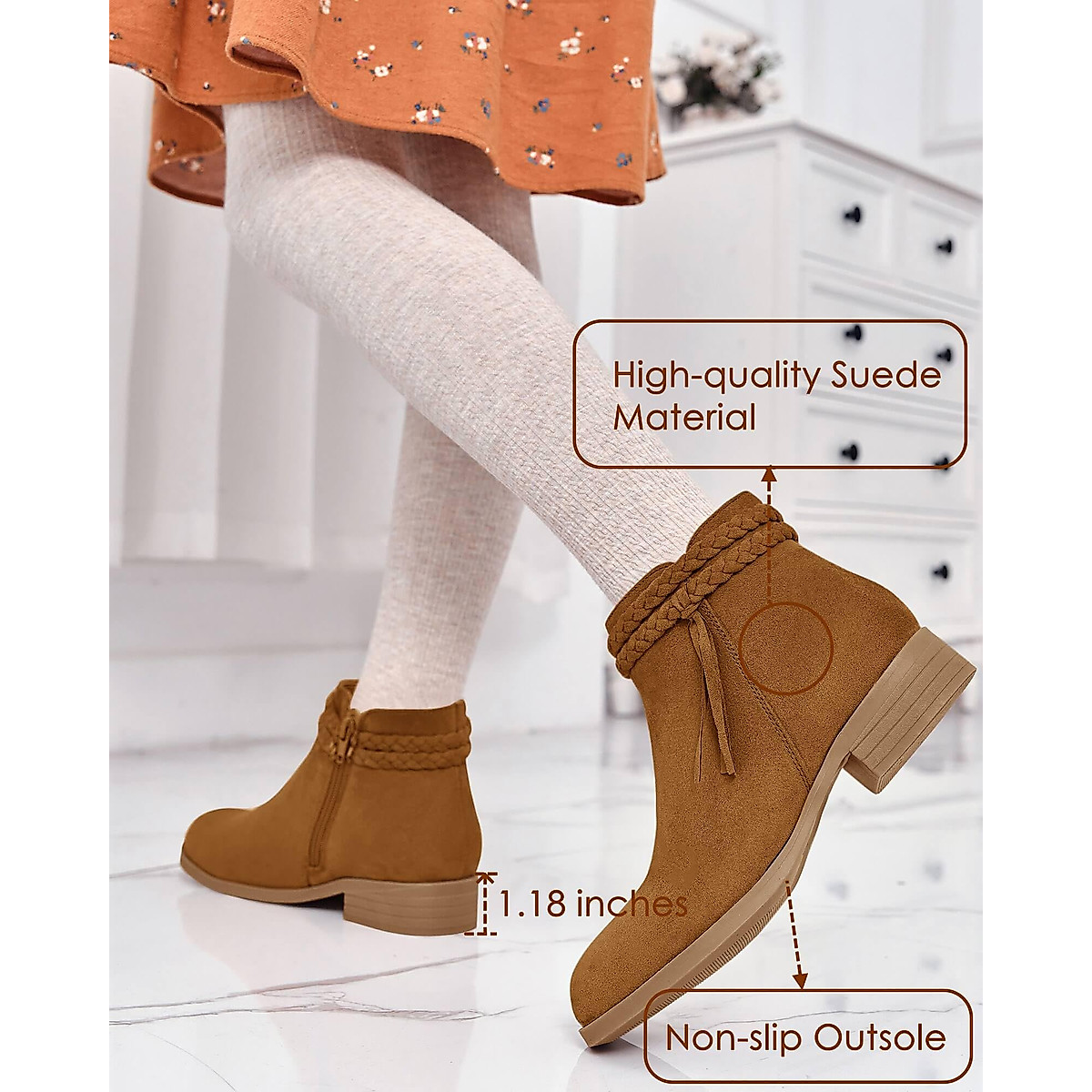 Coutgo Girls Ankle Boots Cowgirl Braided Fringe Strap Chunky Low Heel Suede Booties Western Walking Shoes Toddler Little Kid Big Kid,Brown,Size 2