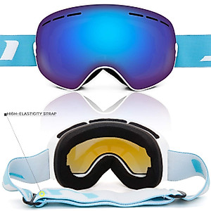 JULI Kids Ski Goggles,Interchangeable Double Layer Spherical Lens,OTG Anti-Fog Snowboard Skate Snow Goggles Age 4-16 4300（White/Blue）