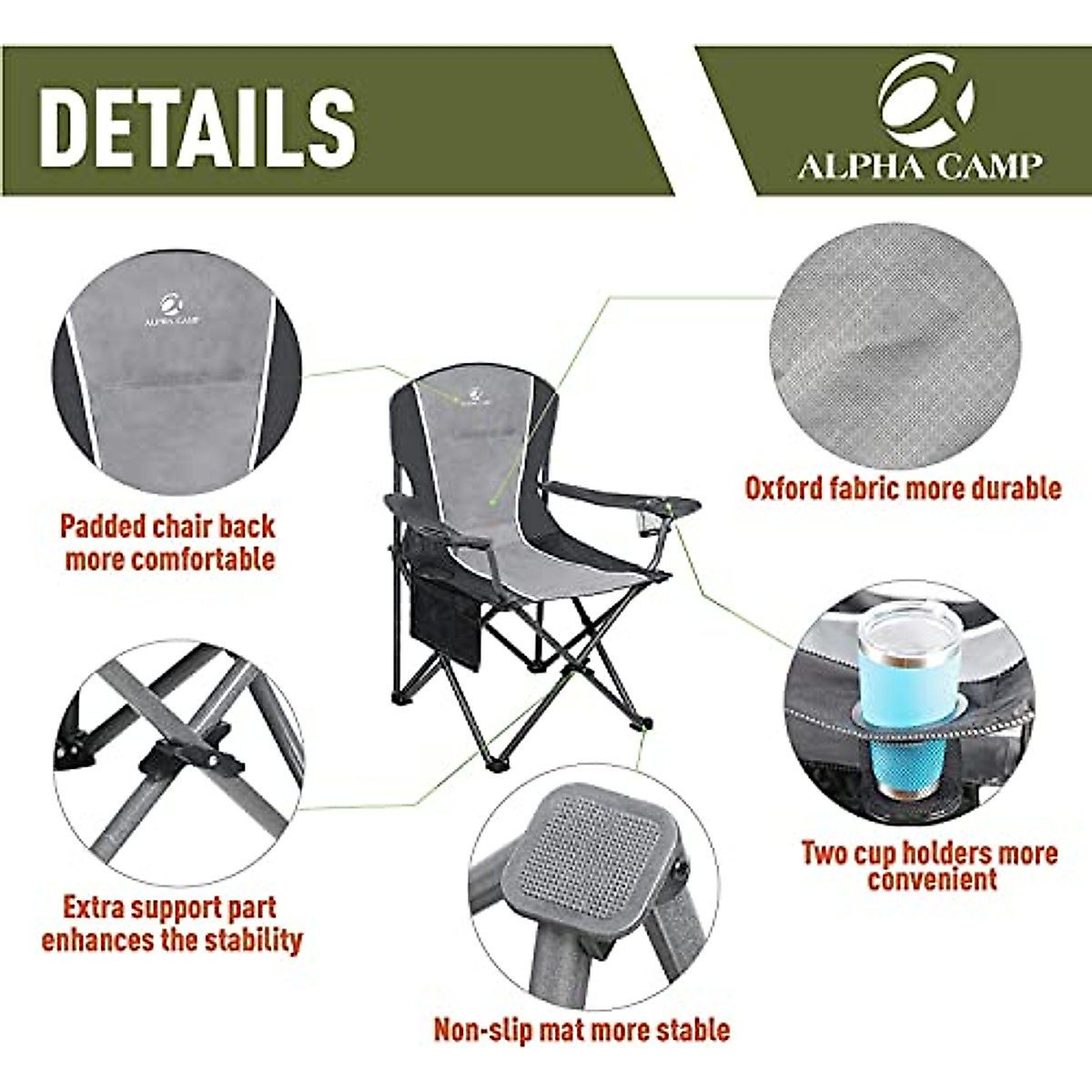ALPHA CAMP Oversized Camping Folding Chair Heavy Duty Steel Frame Support 350 LBS Collapsible Arm Chair with Cup Holder Quad Lumbar Back Chair Portable for Outdoor/Indoor