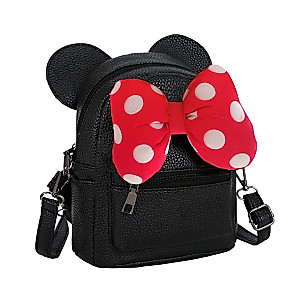 Sunwel Fashion Girls Mini Backpack Purse Mouse Ear Polka-dot Sequin Bow Convertible Backpack to Crossbody Bag for Women (black cotton polkadot bow, W8.7 x H10)