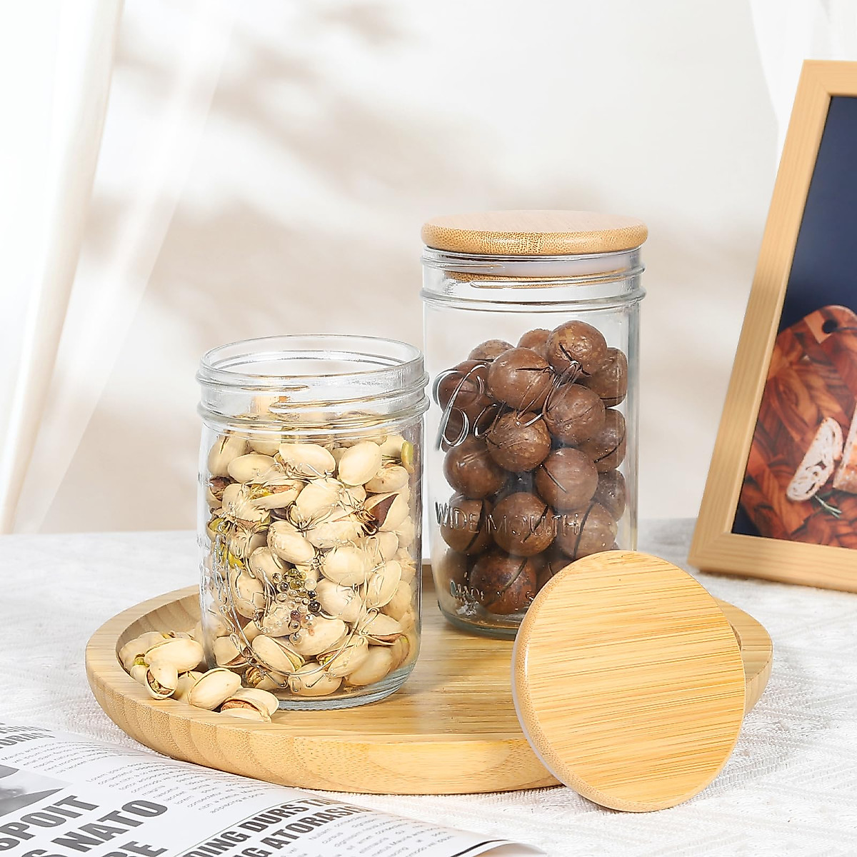 Bamboo Mason Jar Lids, Wooden Ball Jar Lids with Airtight Silicone Seal, Perfect for Dry food Storage. (6PCS-Wide)