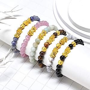Hicarer 6 Pieces Feng Shui Bracelets Pixiu Wealth Luck Beaded Bracelets Chinese Pi Yao Dragon Charm Elastic Bracelet Amulet Bracelet for Men Women