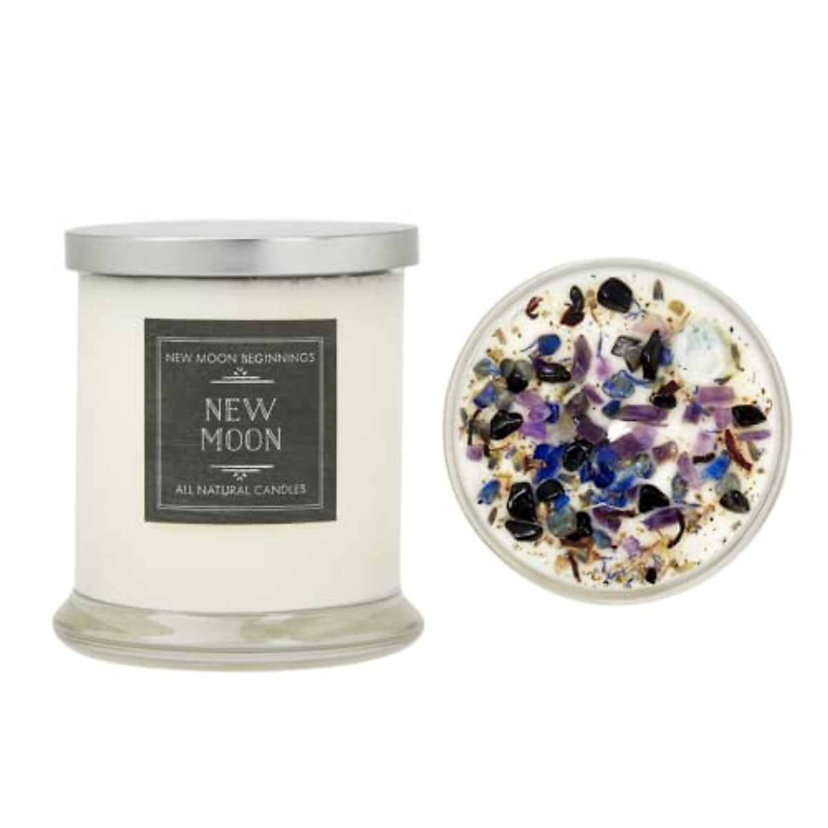 New Moon Candle by New Moon Beginnings - New Beginnings & Manifestation Candle - Dried Flower, Herb, & Crystal Candles - Aromatherapy Candles - Soy Candle - 12oz Glass Jar