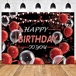 VOUORON Happy Birthday Photography Backdrop Red and Black Balloon Confetti Birthday Decor Photo Background for Kids Men Women Anniversary Birthday Party Banner Supplies 7x5FT