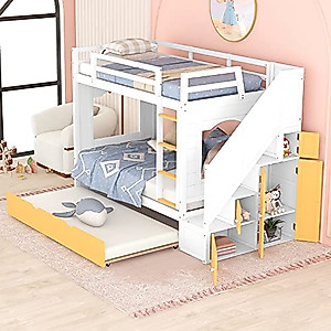 HomSof Twin Over Twin Bunk Bed with Trundle,Stairs,Ladders Solid Wood Bunk Bed with Storage Cabinet （White + Yellow）