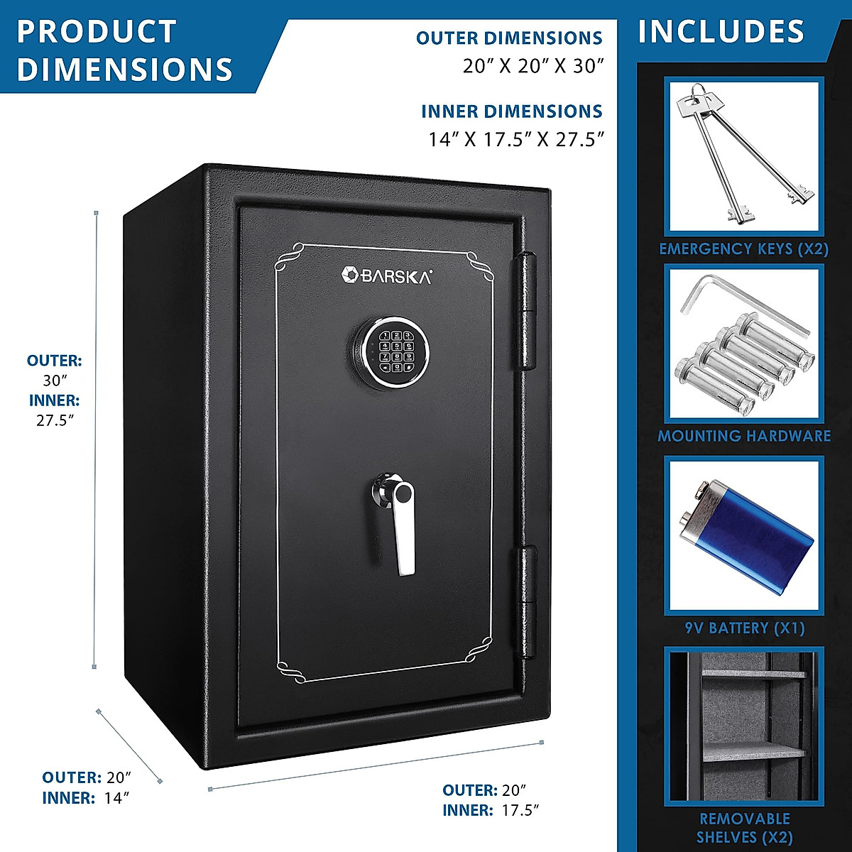 BARSKA AX12674 Fireproof Digital Keypad Vault Safe 4.35 Cu Ft, AX12674 Standard,Black