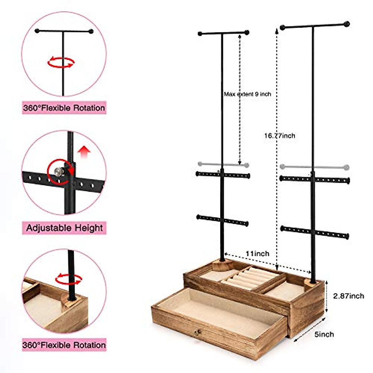 Emfogo Jewelry Organizer Stand Wood Basic Jewelry Drawer Storage Box with Double Rods & 6 Tier Jewelry Tree Stand Holder for Necklaces Bracelet Earring Ring Display(Carbonized Black)
