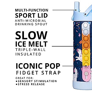 Elemental Iconic Pop Kids Water Bottle for School Girls and Boys | Triple Insulated Stainless Steel Thermos with Straw Lid & Fidget Handle | Flask Water Bottle | BPA free Tumbler, 14oz - Unicorn