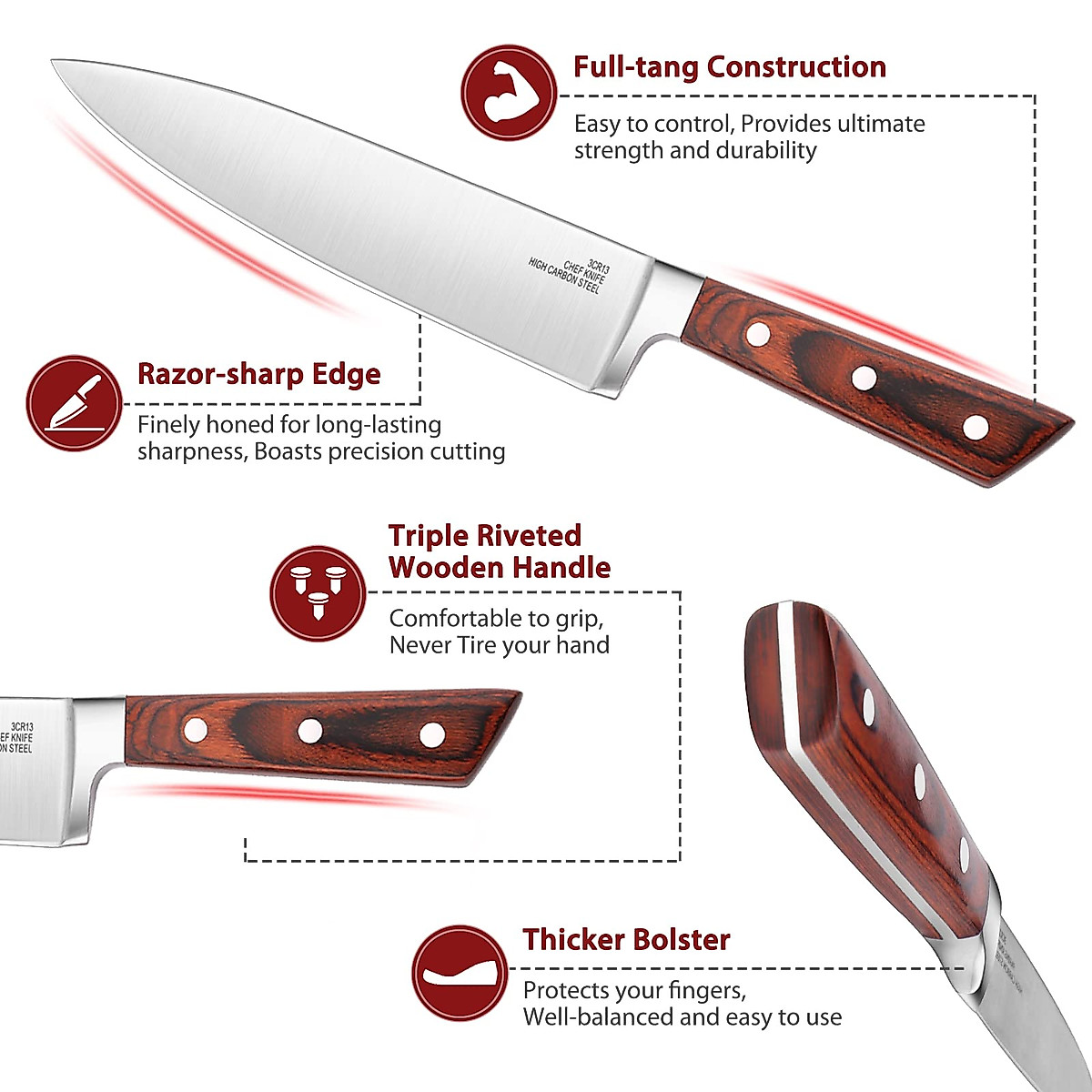 Kitchen Knife Block Set, E-far 17-Piece High Carbon Forged Stainless Steel Knife Sets Includes Chef Utility Paring Steak Serrated Bread Santoku Knife Sharpener - Full Tang Design