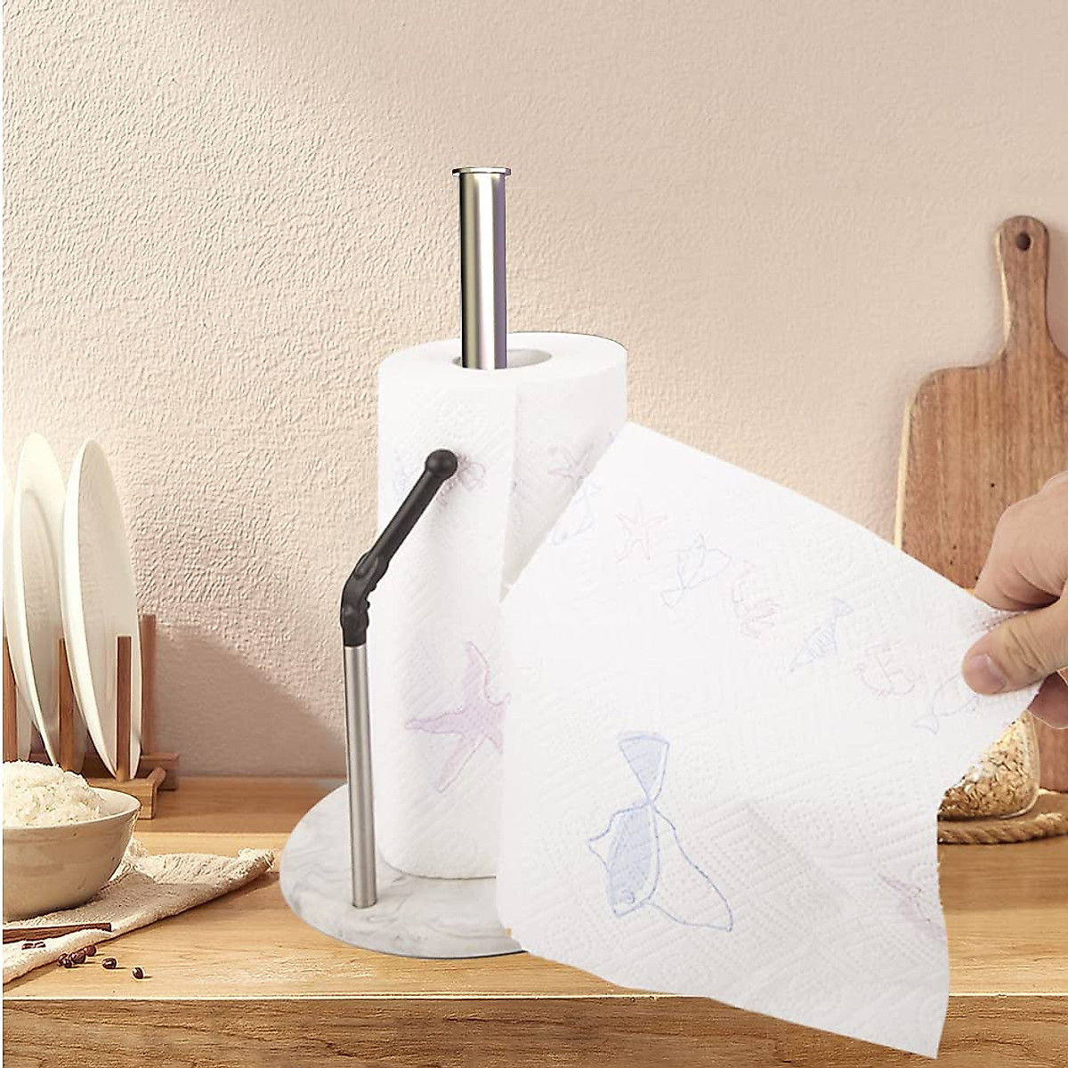 Paper Towel Holder Countertop,Marble Paper Towel Stand with Weighted Base,One-Handed Operation Standing Paper Towel Roll Holder for Kitchen Organization(Brushed Nickel)